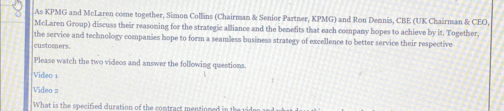 Solved As KPMG and McLaren come together, Simon Collins | Chegg.com