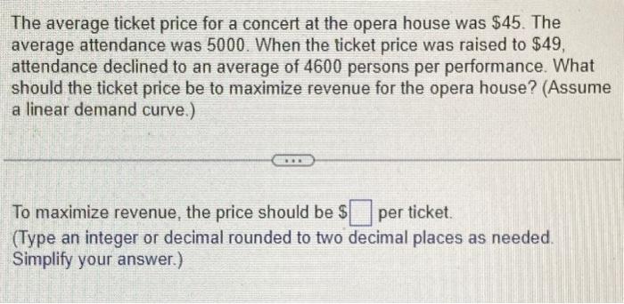 Solved The average ticket price for a concert at the opera | Chegg.com
