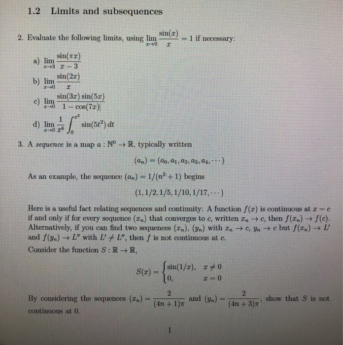 Solved 1.2 Limits and subsequences 2. Evaluate the following | Chegg.com