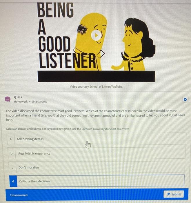 Solved BEING A GOOD LISTENER Video courtesy School of Life | Chegg.com