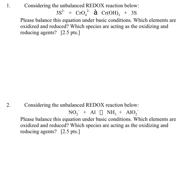 Solved 1. Considering the unbalanced REDOX reaction below: | Chegg.com