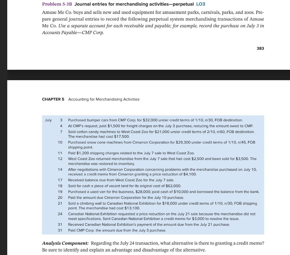 Solved Problem 5-3B Journal entries for merchandising | Chegg.com