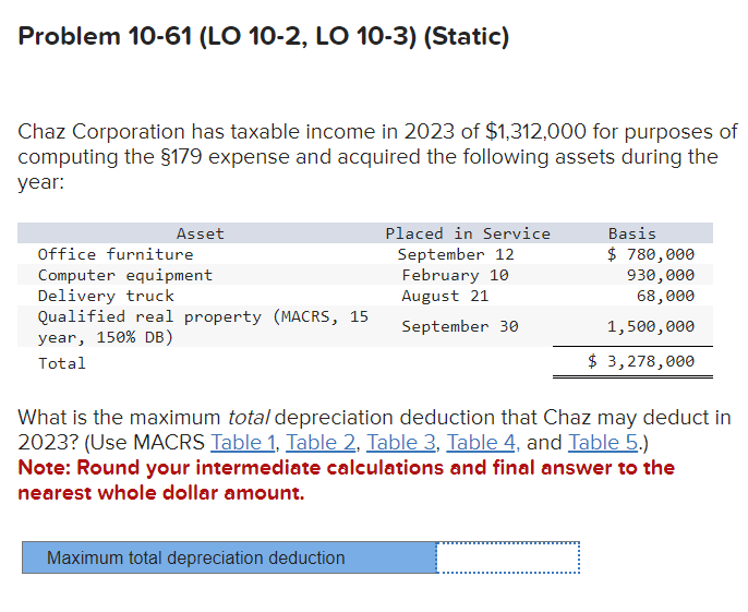Solved Problem 10-61 (LO 10-2, LO 10-3) (Static)Chaz | Chegg.com Solved Problem 10-61 (LO 10-2, LO 10-3) (Static)Chaz | Chegg.com