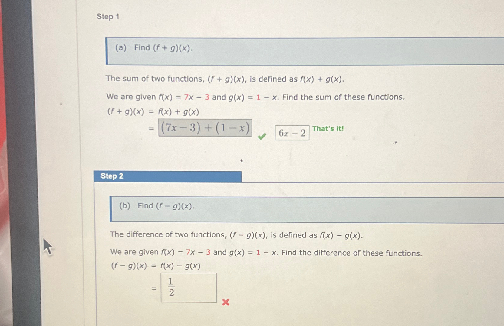 Solved Step 1(a) ﻿Find (f+g)(x).The sum of two functions, | Chegg.com