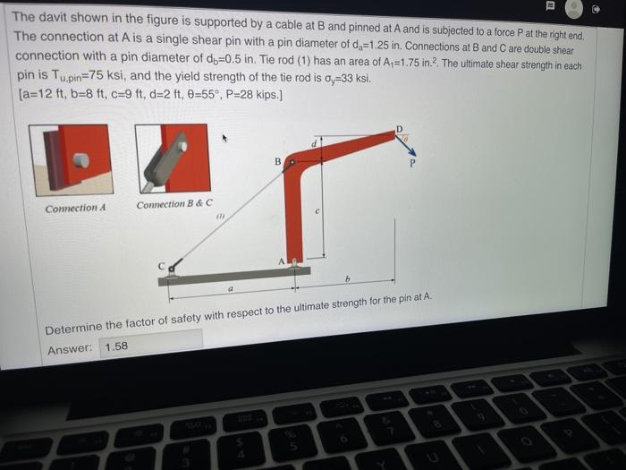 Solved The davit shown in the figure is supported by a cable | Chegg.com