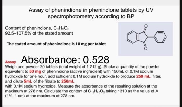 Solved Assay of phenindione in phenindione tablets by UV | Chegg.com