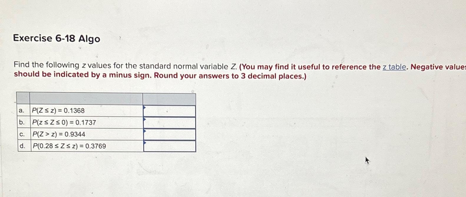 Solved Exercise 6-18 ﻿AlgoFind the following z ﻿values for | Chegg.com