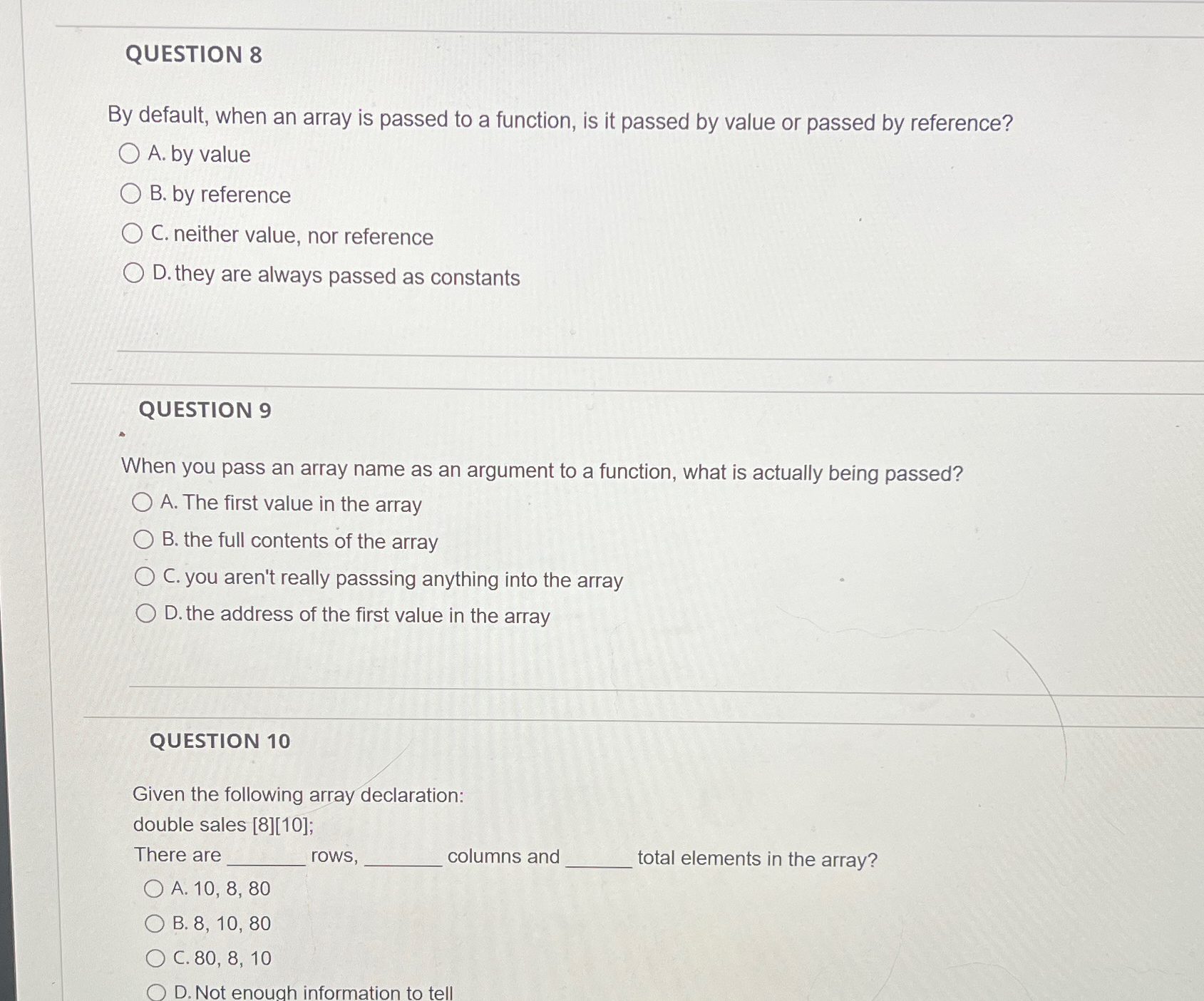 Solved Question 8by Default When An Array Is Passed To A