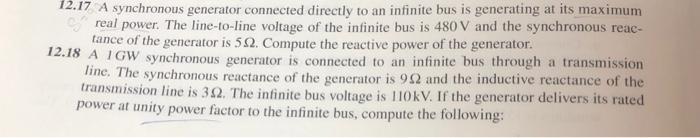 Solved 12.17 A synchronous generator connected directly to | Chegg.com
