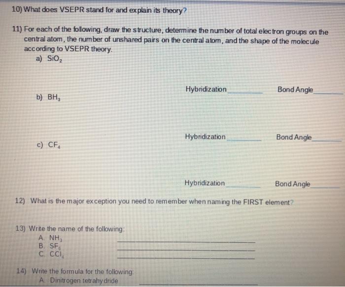 Solved 10) What does VSEPR stand for and explain its theory? | Chegg.com