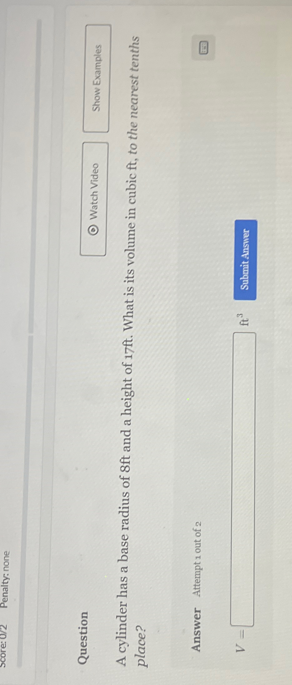 Solved Score: 0/2Penalty: noneQuestionA cylinder has a base | Chegg.com