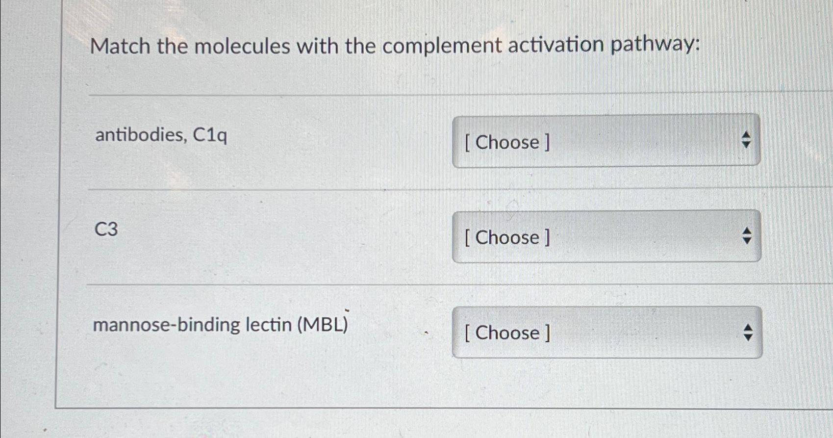Solved Match the molecules with the complement activation | Chegg.com