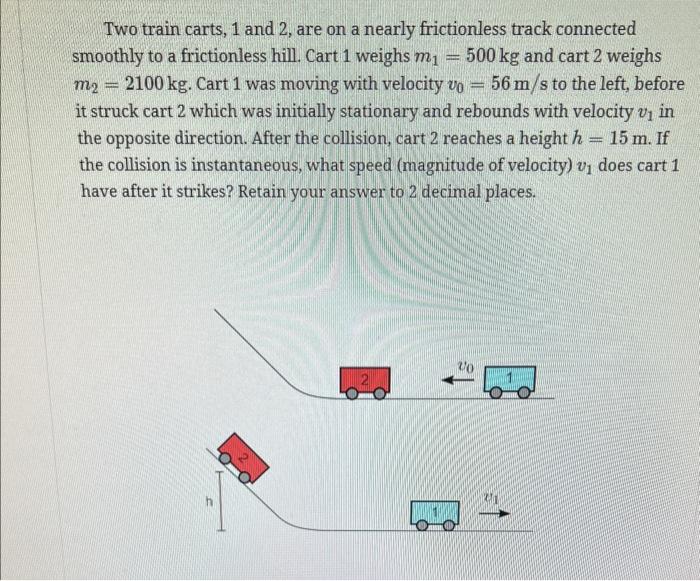 Solved Two train carts, 1 and 2 , are on a nearly | Chegg.com
