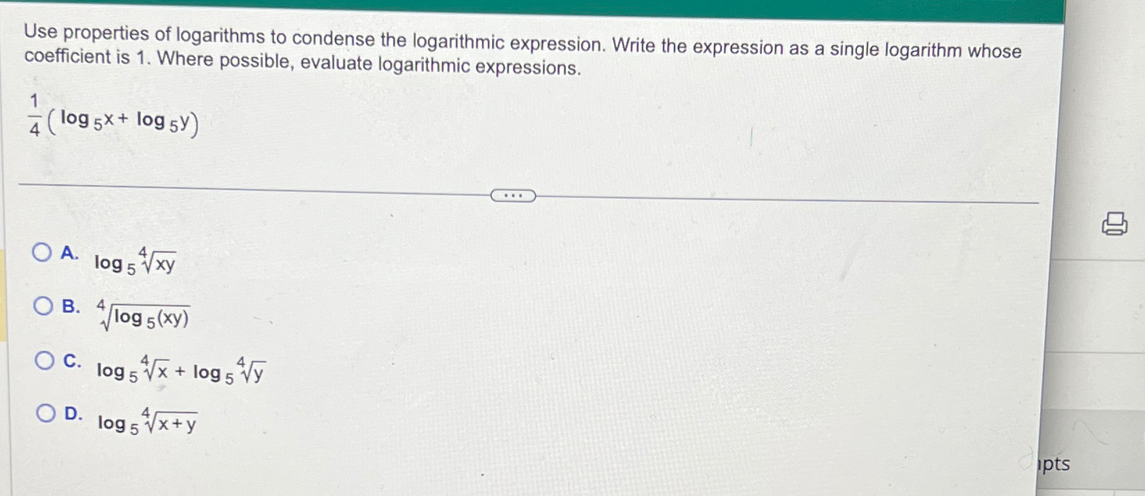 Solved Use properties of logarithms to condense the | Chegg.com