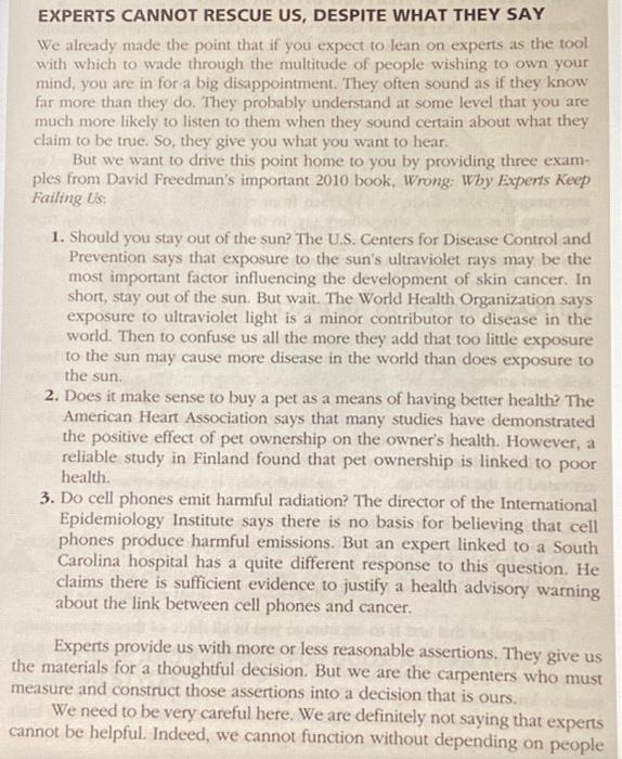 EXPERTS CANNOT RESCUE US, DESPITE WHAT THEY SAY We | Chegg.com