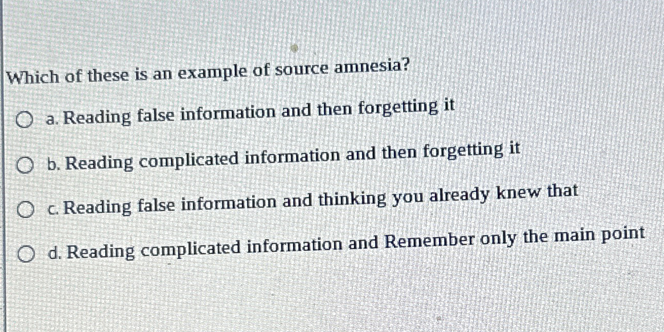 Solved Which of these is an example of source amnesia?a. | Chegg.com