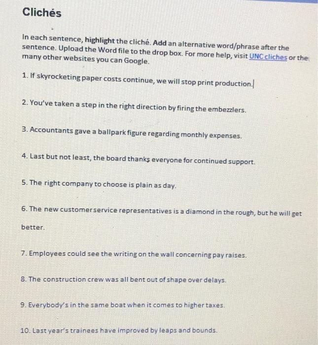 Clichés In each sentence, highlight the cliché. Add | Chegg.com