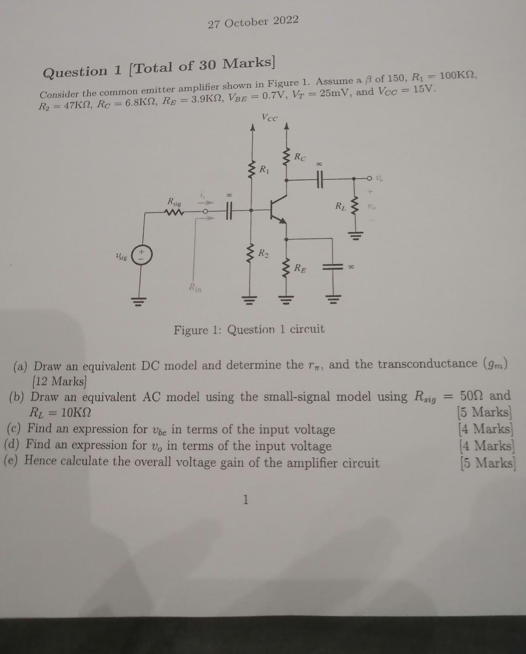 Solved Consider the common emitter amplifier shown in Figure | Chegg.com
