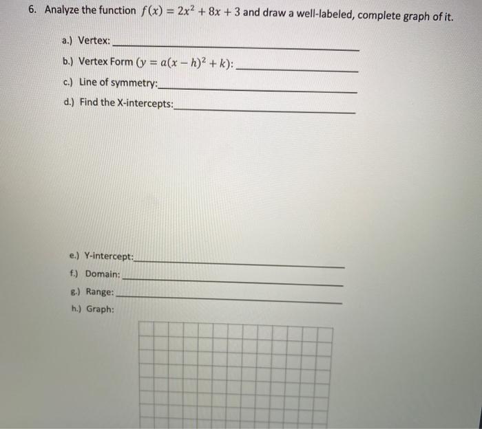 Solved 6. Analyze the function f(x) = 2x2 + 8x + 3 and draw | Chegg.com