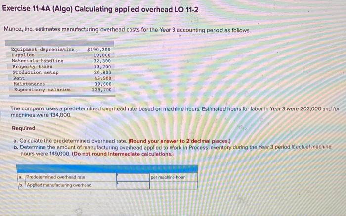 Solved Exercise 11-4A (Algo) Calculating applied overhead LO | Chegg.com