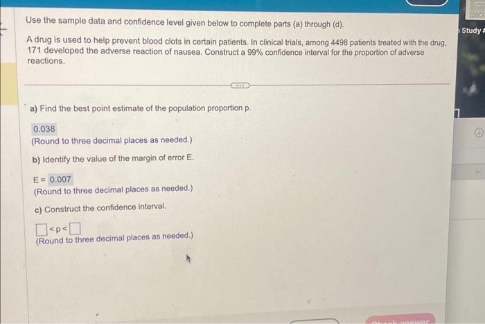 Solved Use the sample data and confidence level given below | Chegg.com
