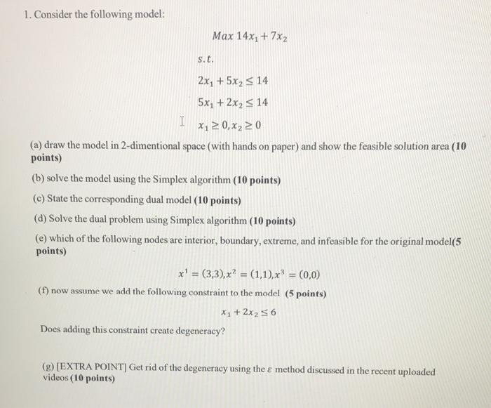 Solved 1. Consider the following model: Max 14x1 + 7x2 St. | Chegg.com