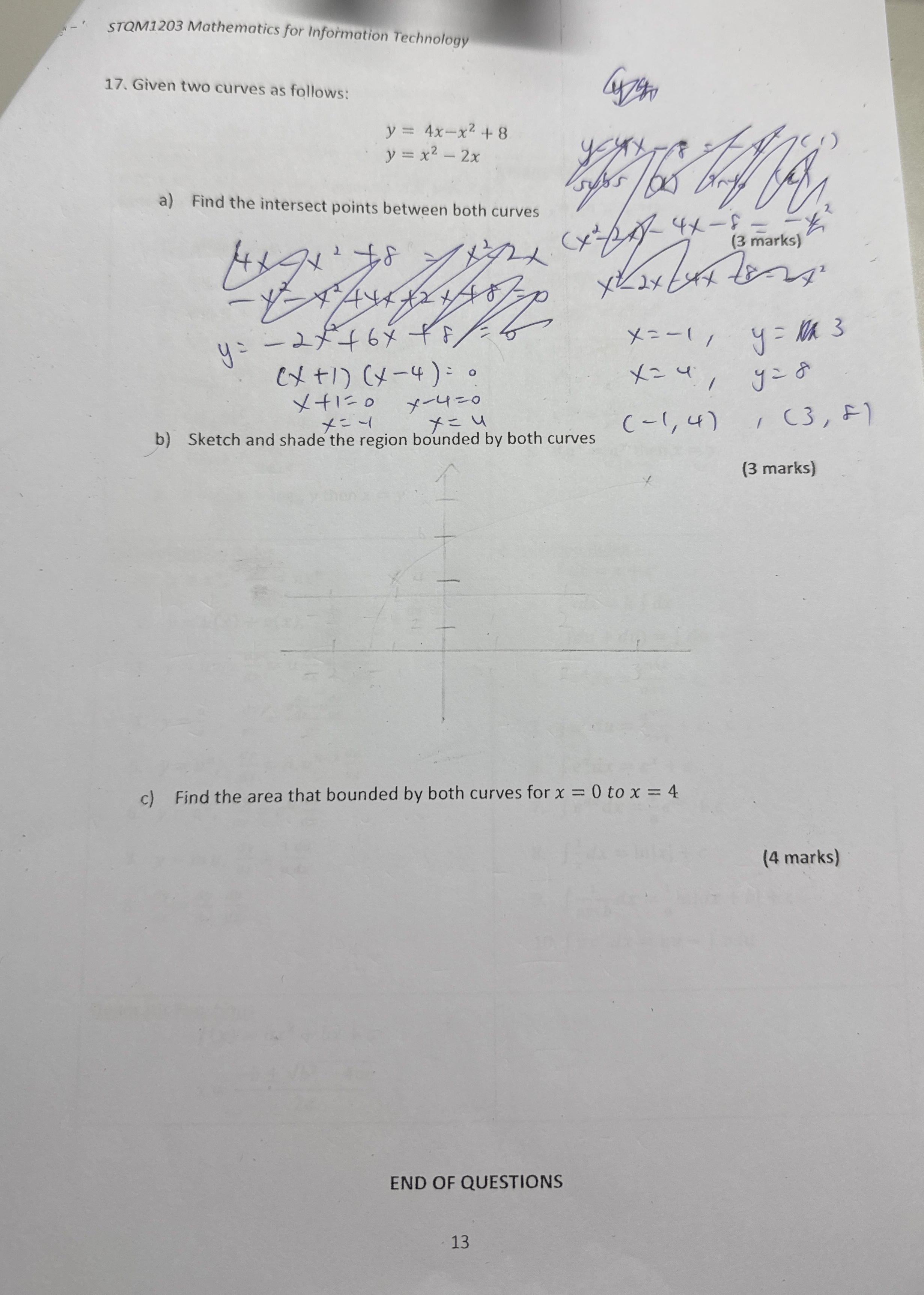 Solved 17. ﻿Given two curves as follows:y=4x-x2+8y=x2-2xa) | Chegg.com