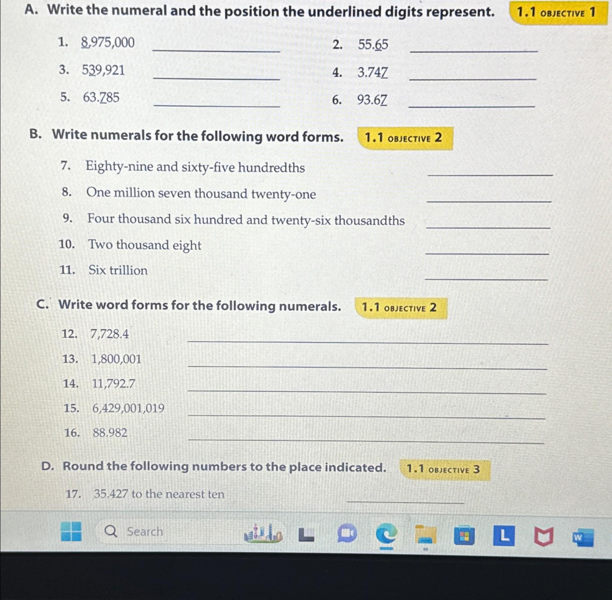 Solved A. ﻿Write the numeral and the position the underlined | Chegg.com