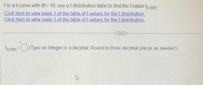 Solved For a t-curve with df=19, use a t-distribution table | Chegg.com