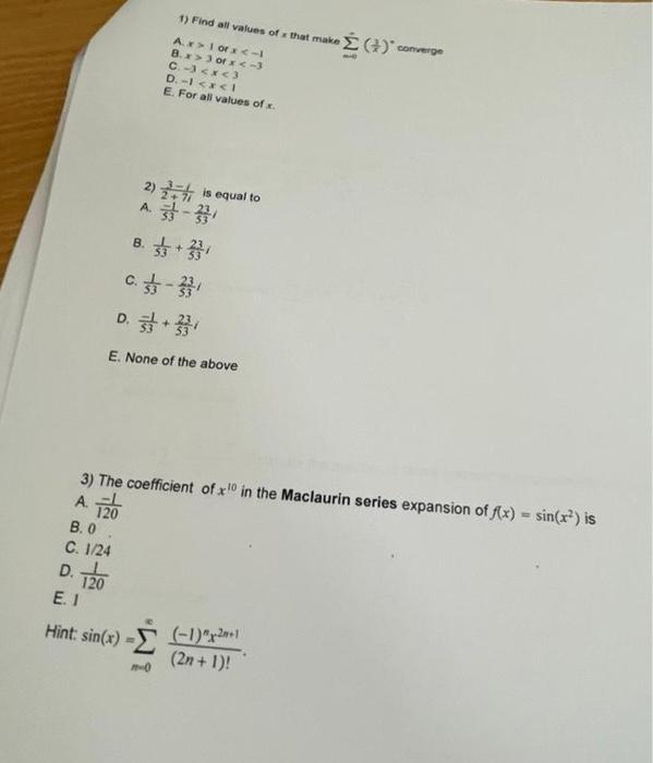 Solved 1) Find all value of x that make ∑n=1∞(x1)∗ comenge | Chegg.com