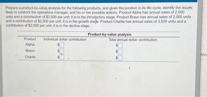 Solved Prepare a product-by-value analysis for the following | Chegg.com