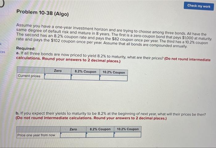 Solved Check my work Problem 10-38 (Algo) Assume you have a | Chegg.com
