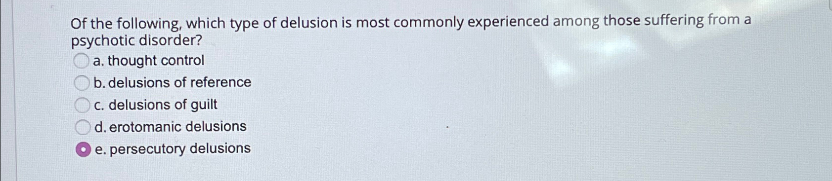 Solved Of the following, which type of delusion is most | Chegg.com
