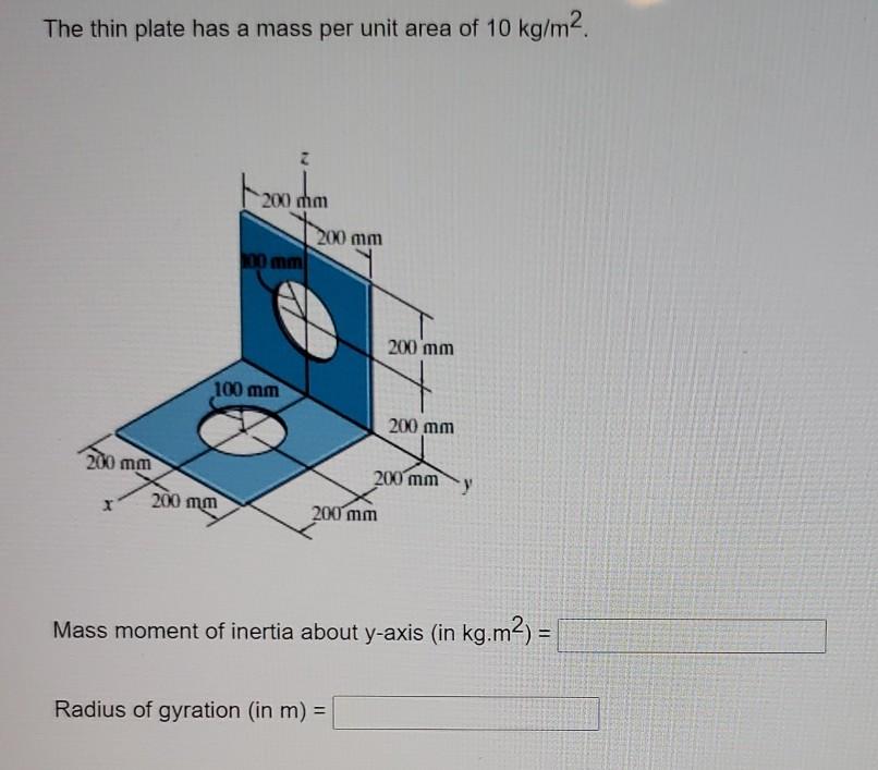 Solved The thin plate has a mass per unit area of 10 kg/m2. | Chegg.com