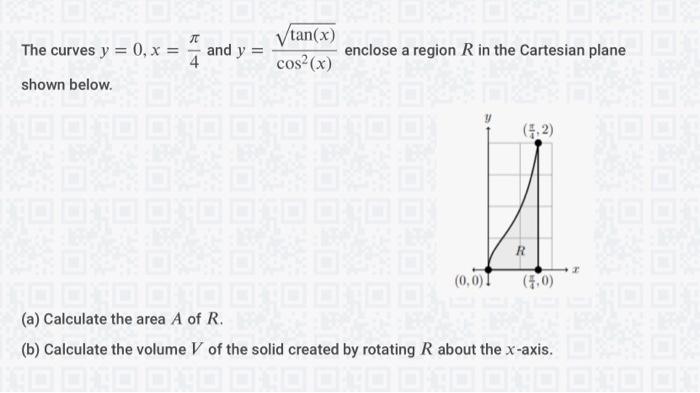 Solved The curves y=0,x=4π and y=cos2(x)tan(x) enclose a | Chegg.com