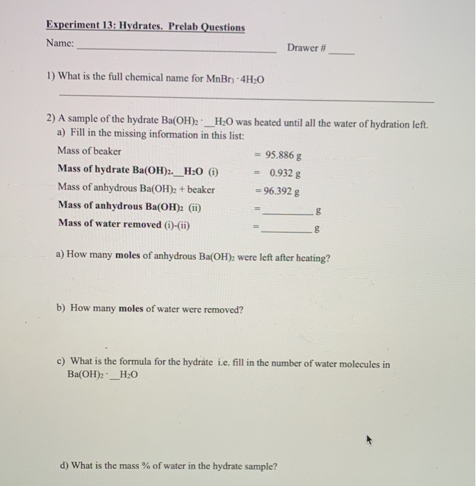Solved Experiment 13: Percent Water in Hydrates. Name: | Chegg.com
