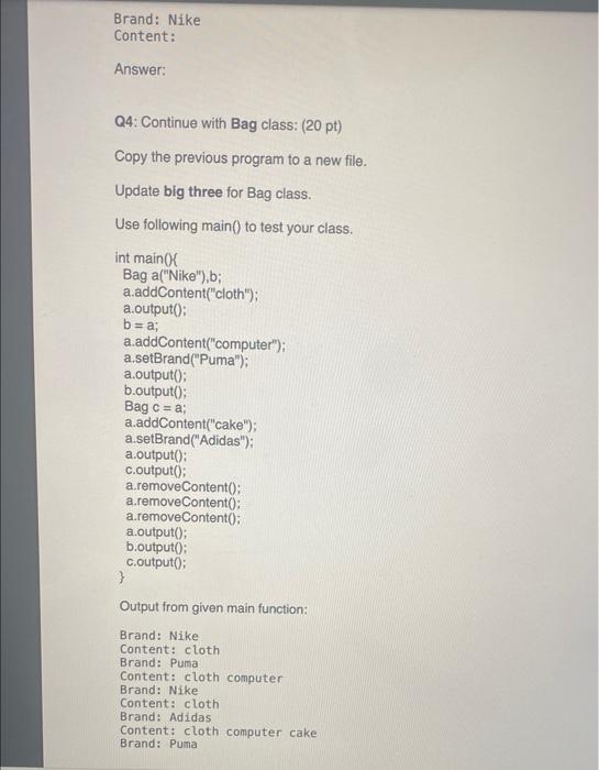 Solved Q1: Implement a class called Bag as specified: (20 | Chegg.com