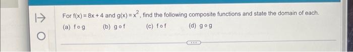Solved For f(x)=8x+4 and g(x)=x2, find the following | Chegg.com