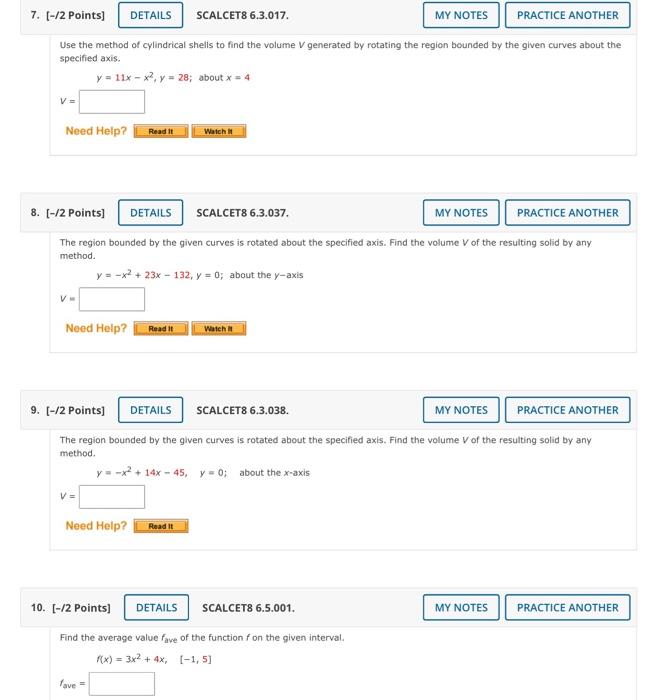 Solved 7. [-/2 Points) DETAILS SCALCET8 6.3.017. MY NOTES | Chegg.com