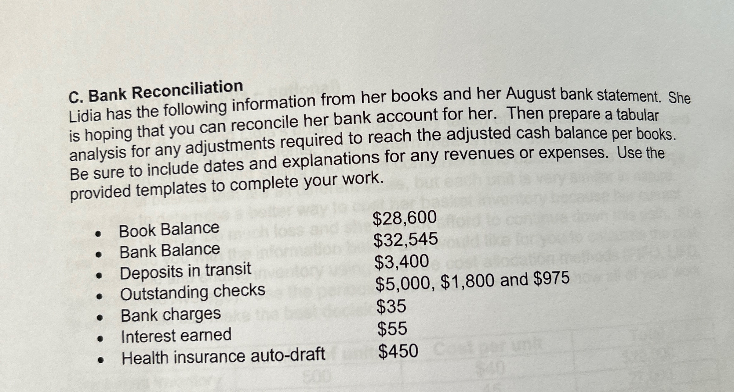 Solved C. ﻿Bank ReconciliationLidia has the following | Chegg.com