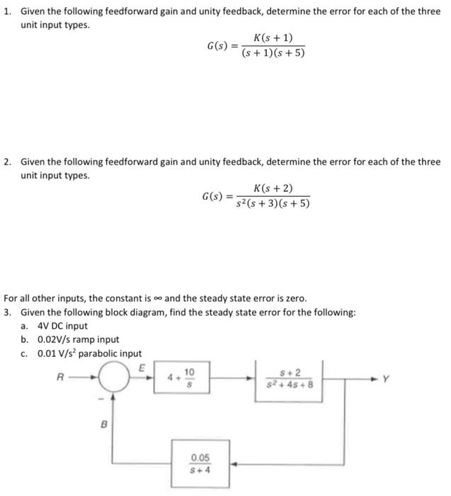 Solved 1. Given the following feedforward gain and unity | Chegg.com