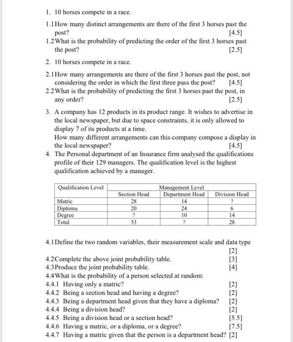 Solved 1. 10 horses compete in a race. 1.1 How many distinct | Chegg.com