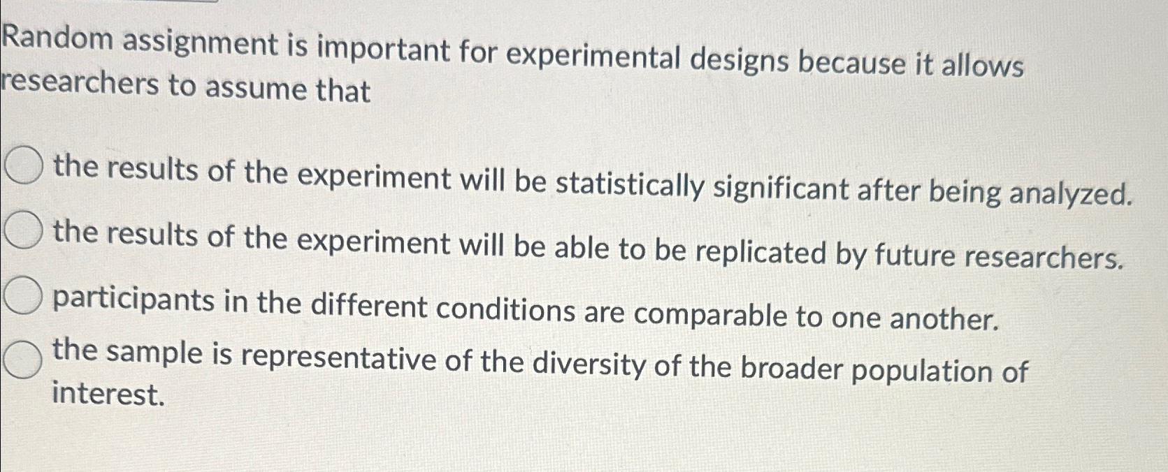 Solved Random assignment is important for experimental | Chegg.com