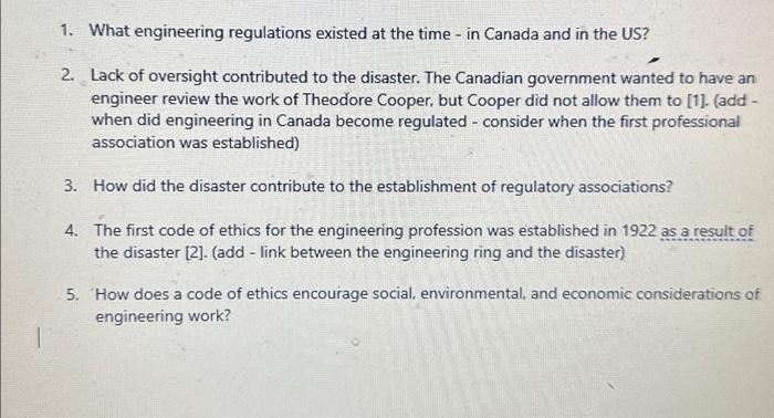 Solved 1. What engineering regulations existed at the time - | Chegg.com
