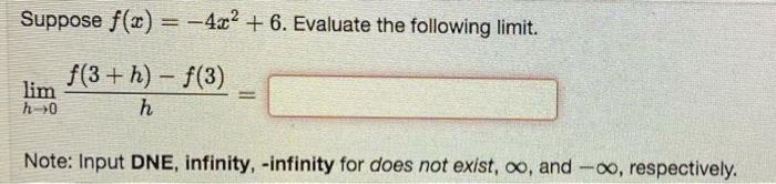 Solved Suppose f(x)=−4x2+6. Evaluate the following limit. | Chegg.com