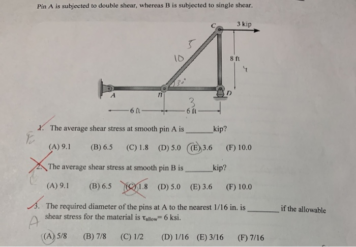Solved Pin A is subjected to double shear, whereas B is | Chegg.com