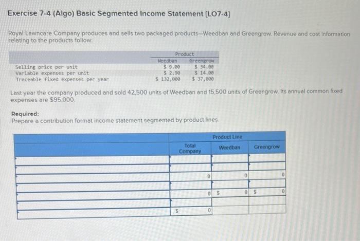 Solved Exercise 7-4 (Algo) Basic Segmented Income Statement | Chegg.com
