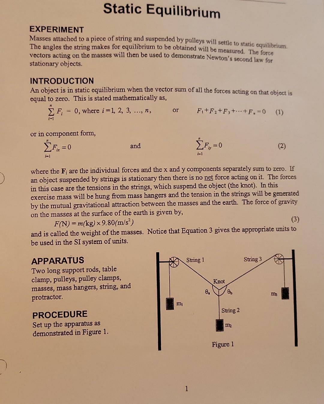 Solved Static Equilibrium EXPERIMENT Masses attached to a | Chegg.com