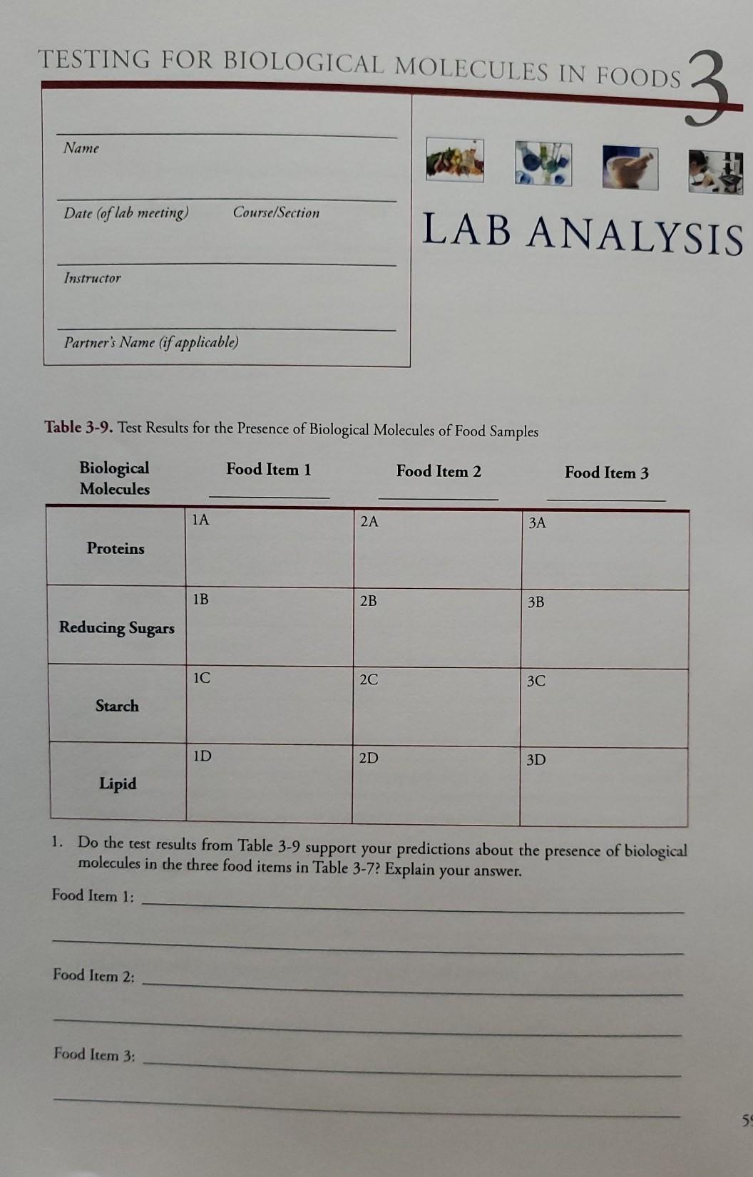 Solved TESTING FOR BIOLOGICAL MOLECULES IN FOODS 3 Name Date | Chegg.com