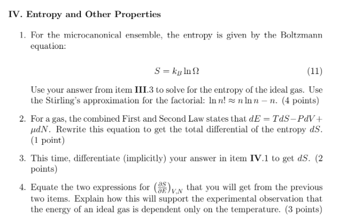 Solved IV. ﻿Entropy and Other PropertiesFor the | Chegg.com